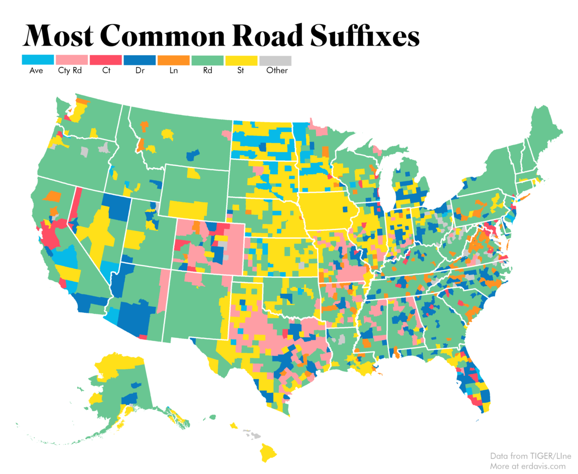 data visualization : Mapping the most common road suffixes by county ...