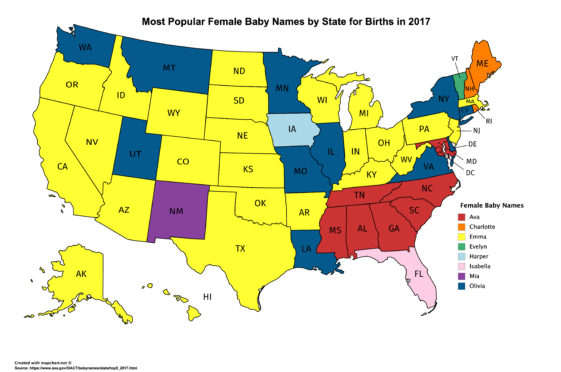 data visualization : [OC] Most Popular Female Baby Names by State for ...
