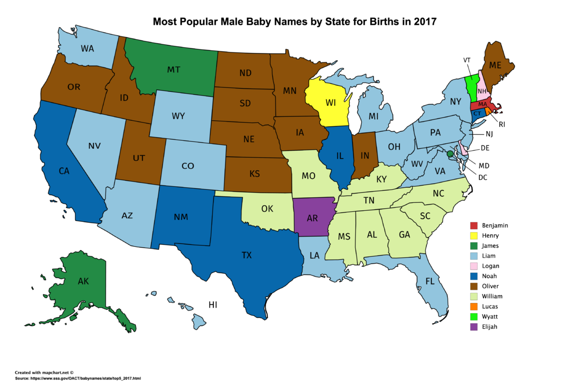 data visualization : [OC] Most Popular Male Baby Names by State for ...