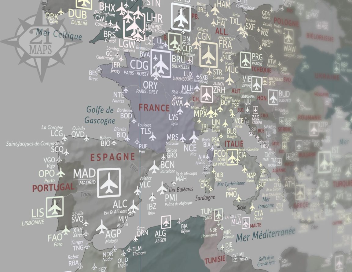 Map : A Europe Airport Map (with airport sized by number of passenger ...