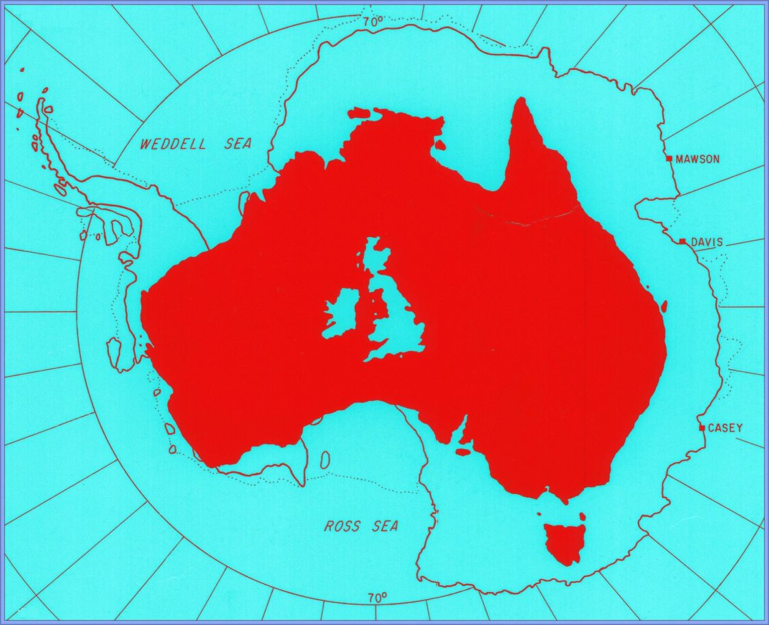 Map : Australia, Antarctica and British Isles size comparison ...