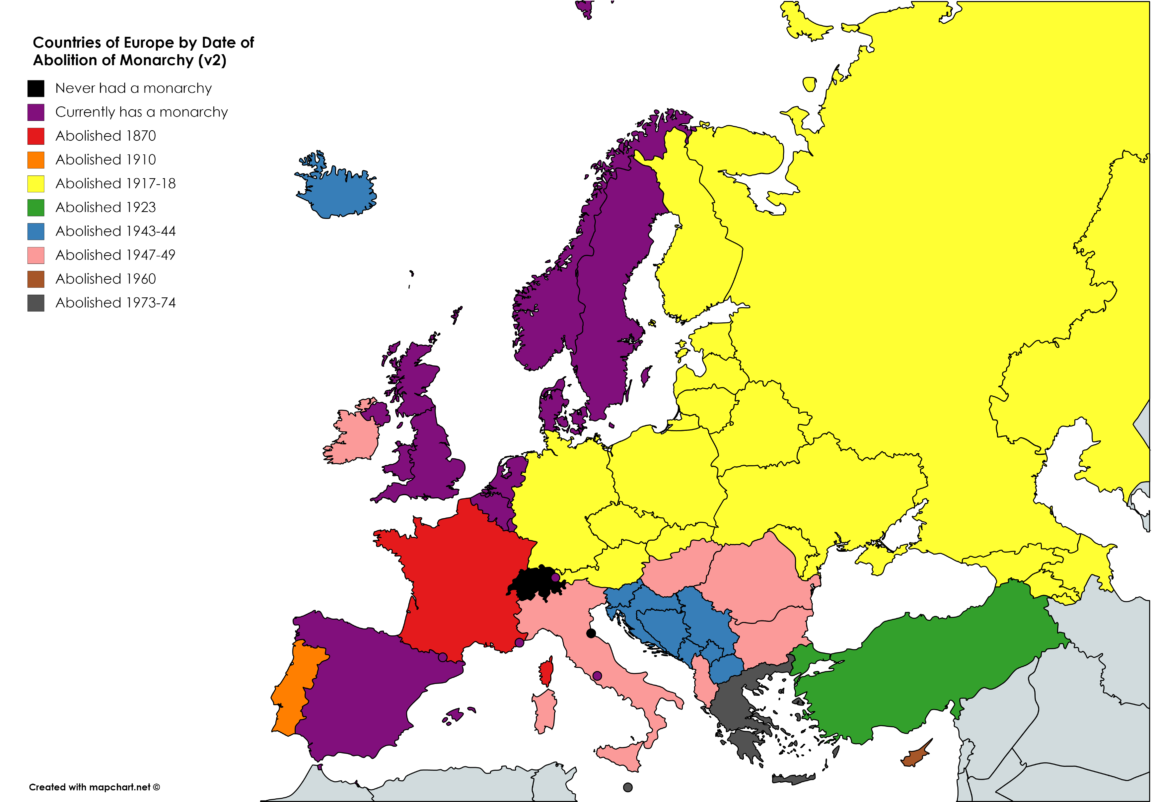 Map : Countries of Europe by Date of Abolition of Monarchy (v2 ...