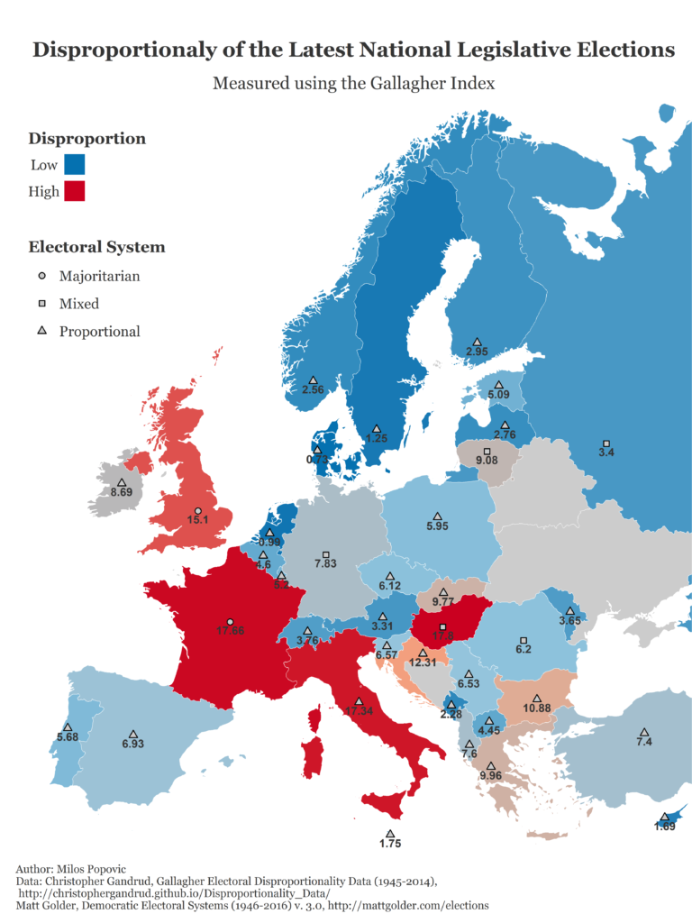 Map : Disproportionality between votes in elections and seats in the ...