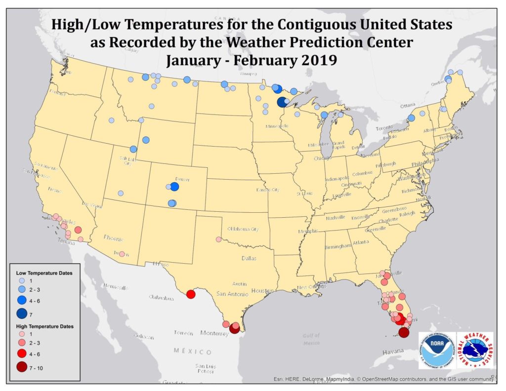 Map : Location and Frequency of National Daily High/Low Temperatures ...