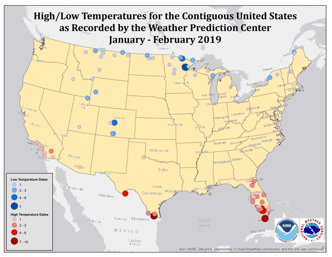 Map : Location and Frequency of National Daily High/Low Temperatures ...