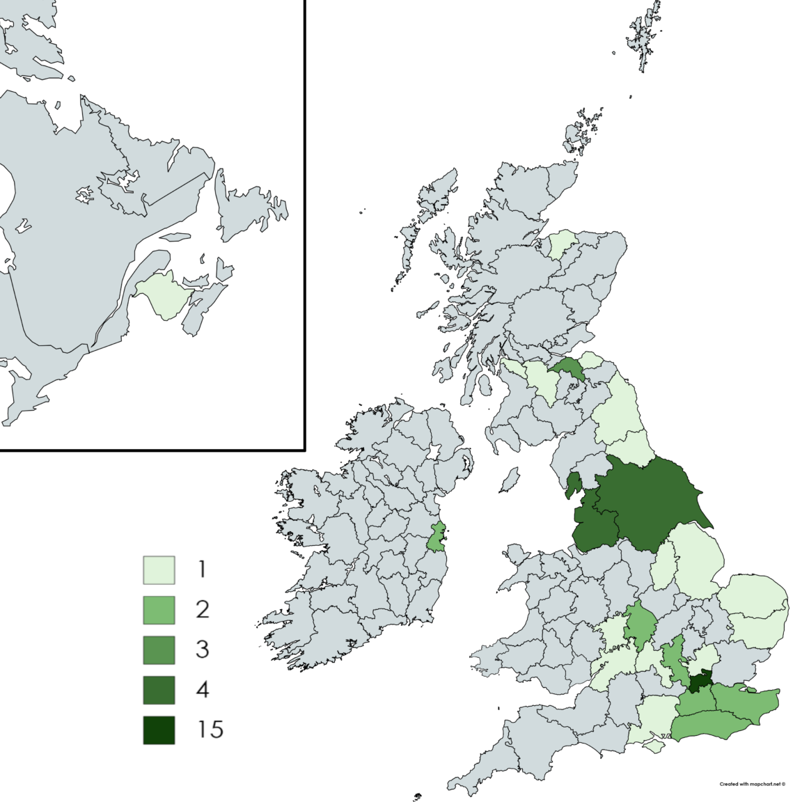 Map : Map showing number of Prime Ministers of the UK born in each ...