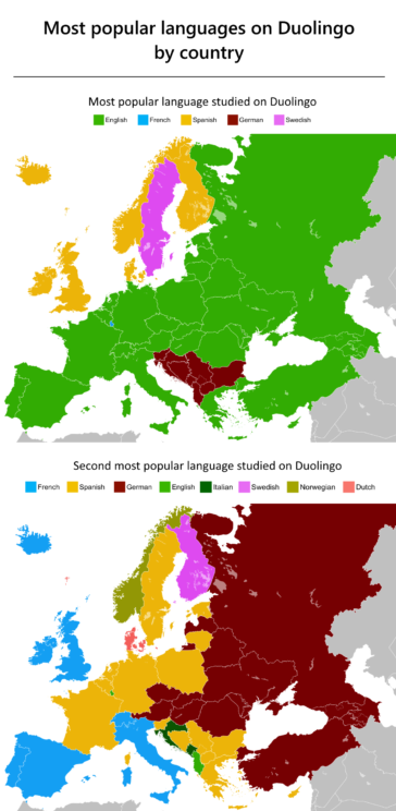 Map : Moat studied languages on Duolingo in Europe – Infographic.tv ...