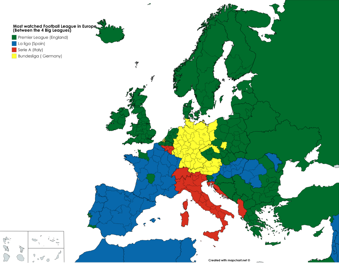 Map : Most watched Football League in Europe (Between the 4 Big Leagues ...