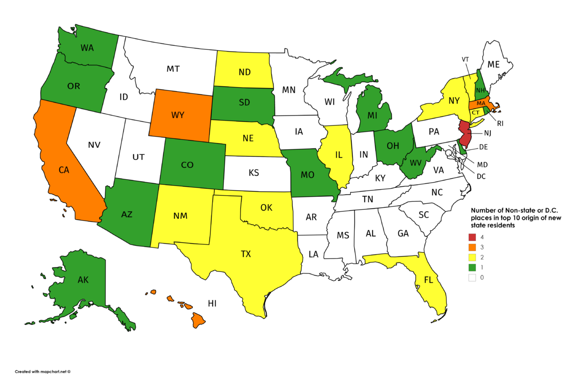 Map : Number of Non-state or D.C. places in top 10 origin of new state ...