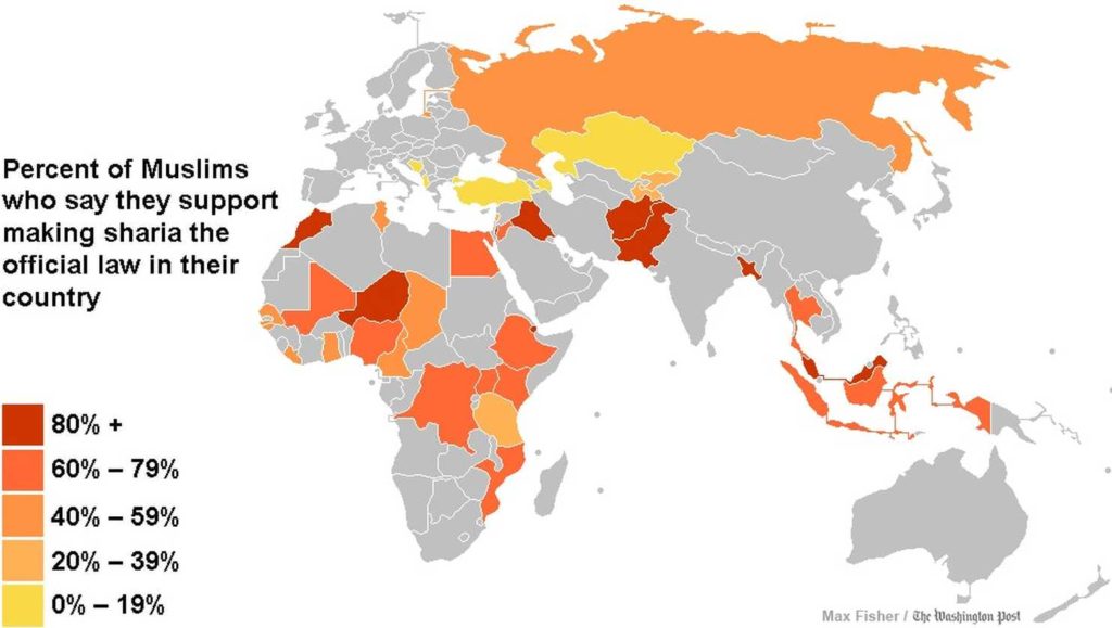 Map : Percent of Muslims who support making Sharia the official law in ...