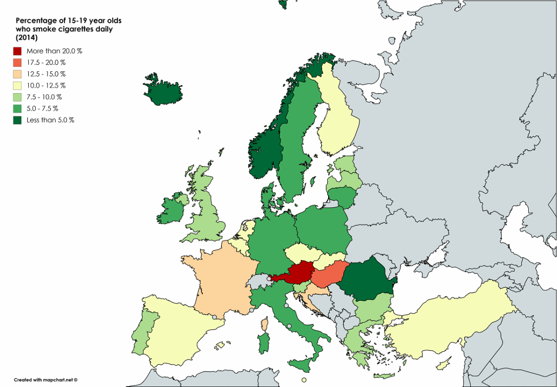 Map : Percentage of European 15-19 year olds who smoke cigarettes daily ...
