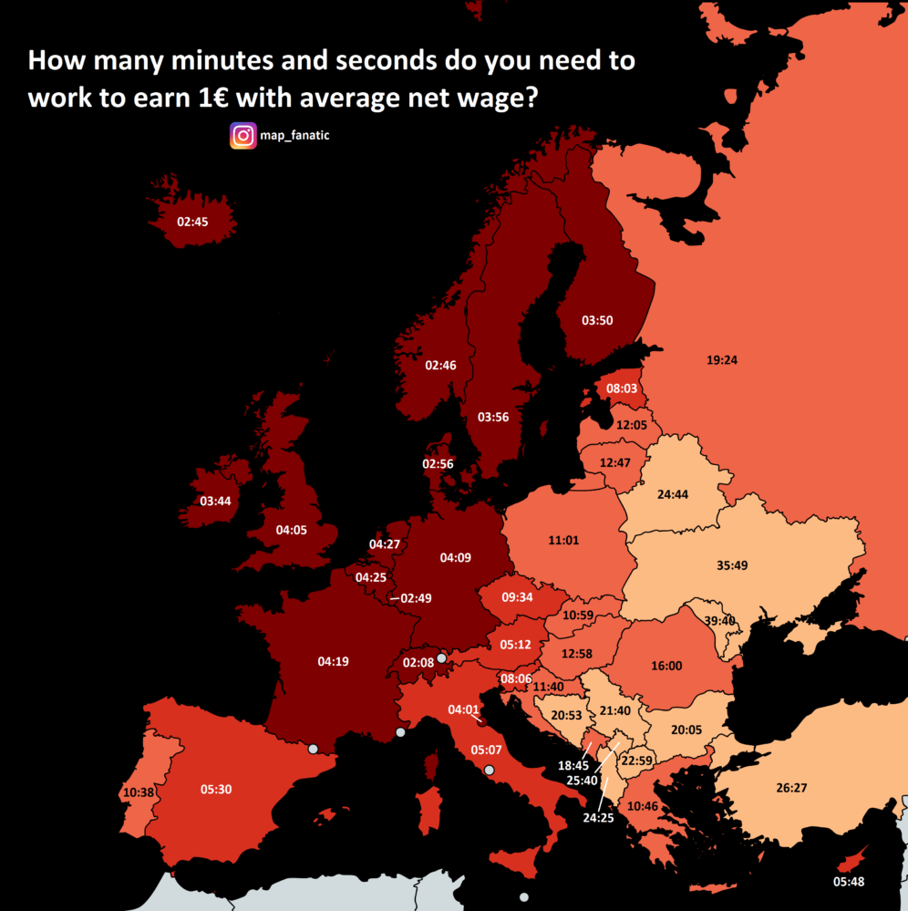 Map : Time needed to earn 1€ with an average net wage – Infographic.tv ...