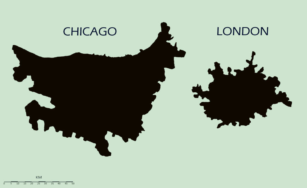 Map : Chicago continuous built up area compared to London continuos ...