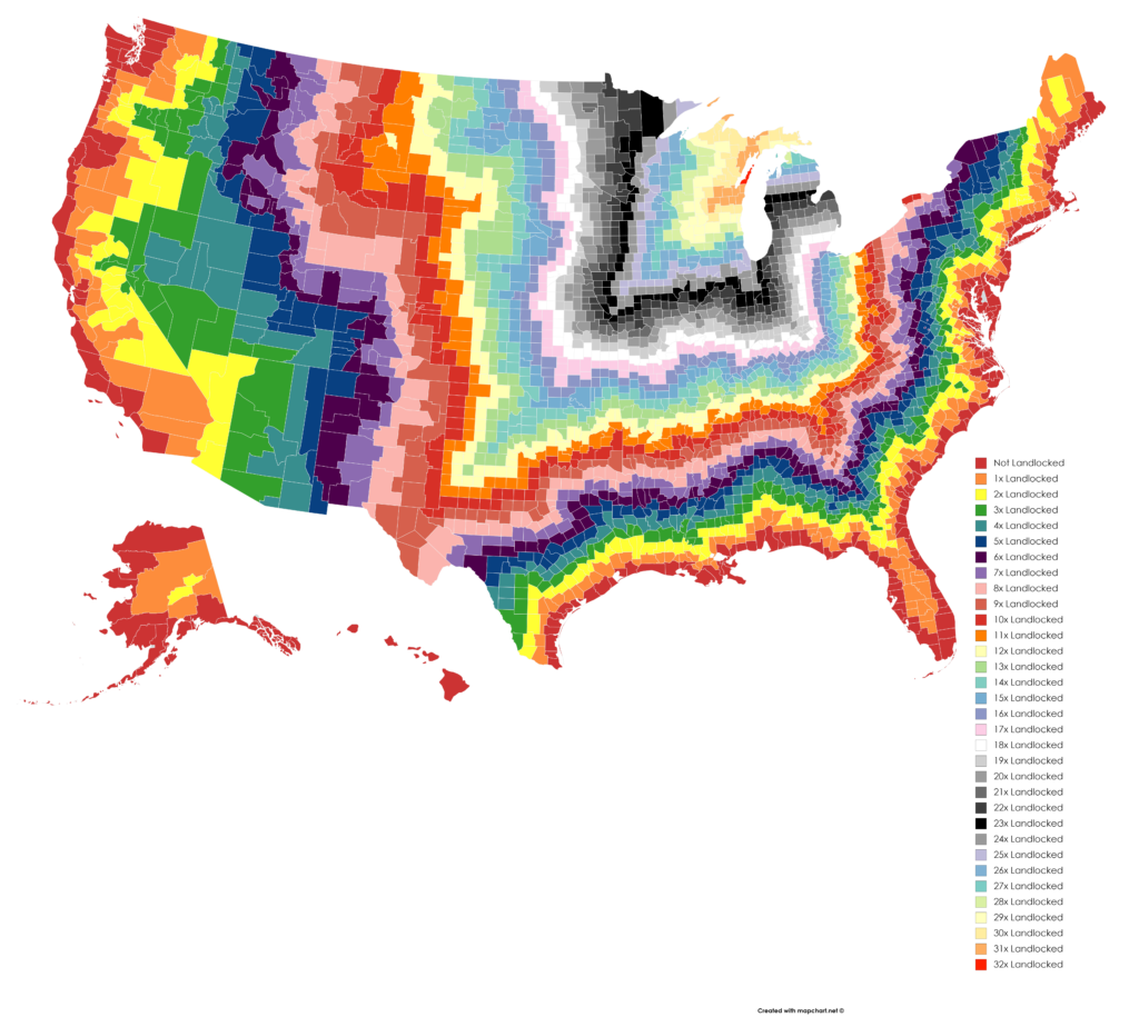 Map : How far each US county is from the ocean (within the US ...
