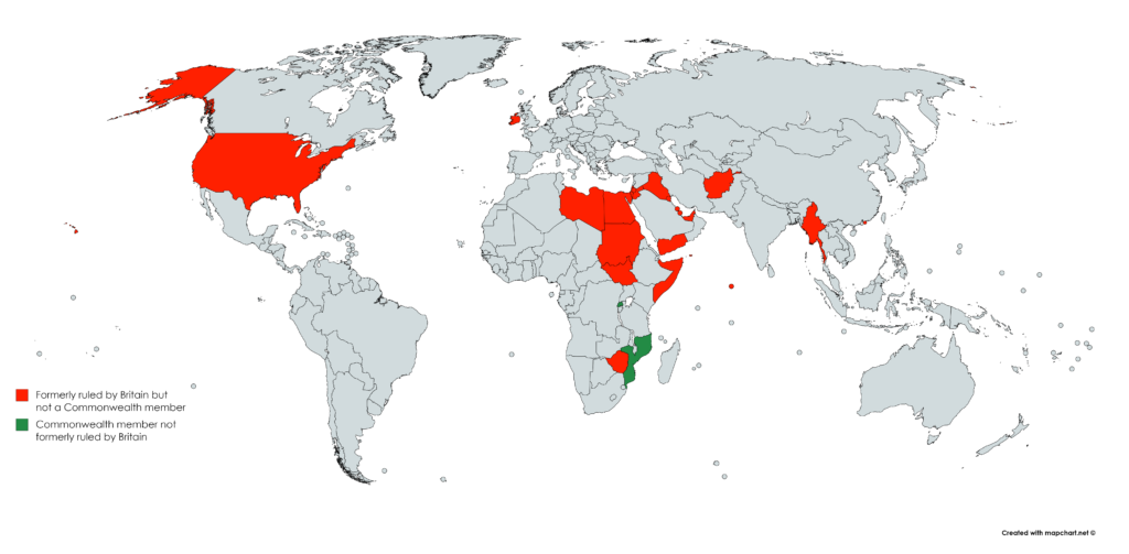 Map : Non-Commonwealth members that have been ruled by Britain, versus ...