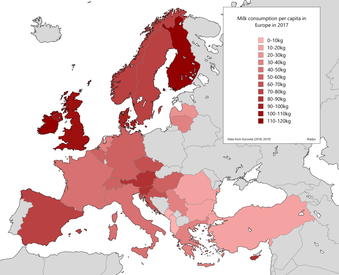 Map : [OC] Milk consumption in Europe [3229×2626] – Infographic.tv ...