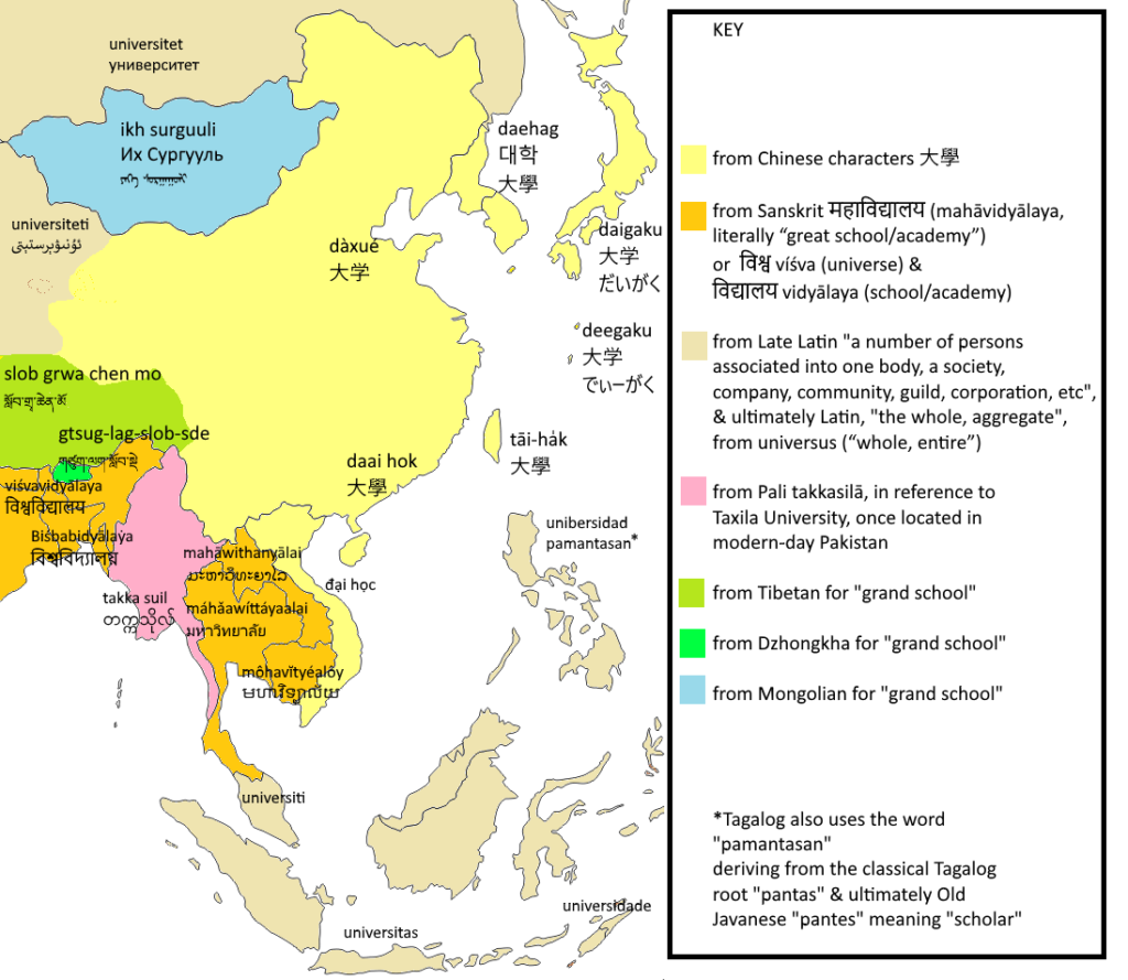 Map : Origins of the words for “university” in various Asian languages ...