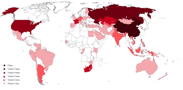 Map : Presidential trips made by the Chinese president Xi Jinping since ...