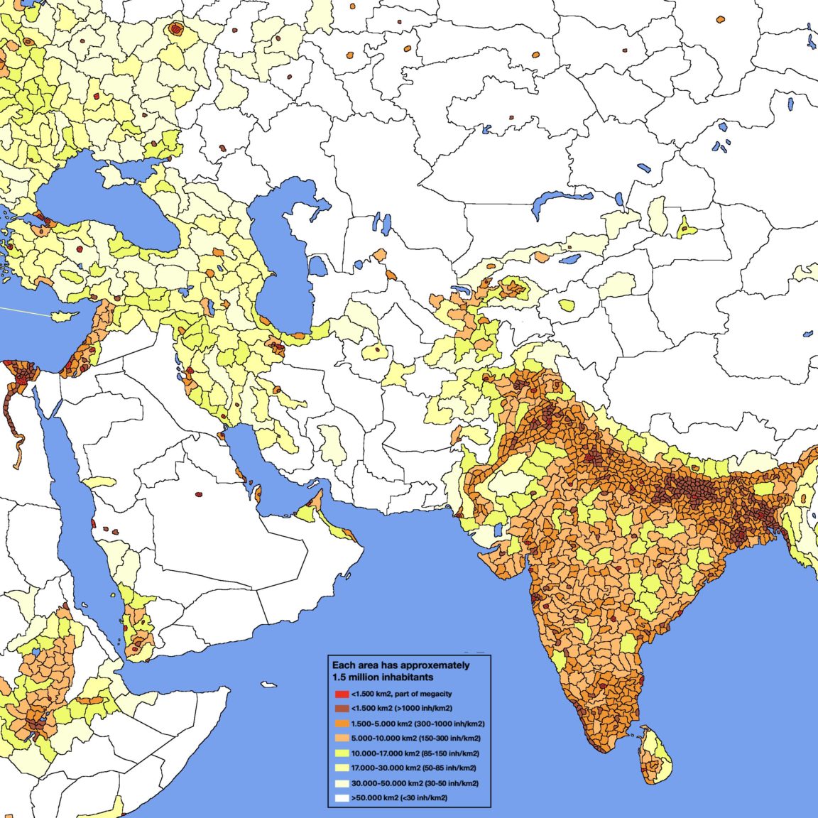 Map : West/South Asia, population density, absolute amount of 1.5 ...