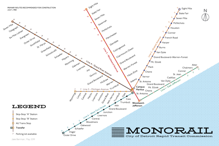 Map : I drew a map of Detroit’s 1958 proposal to build a city monorail ...
