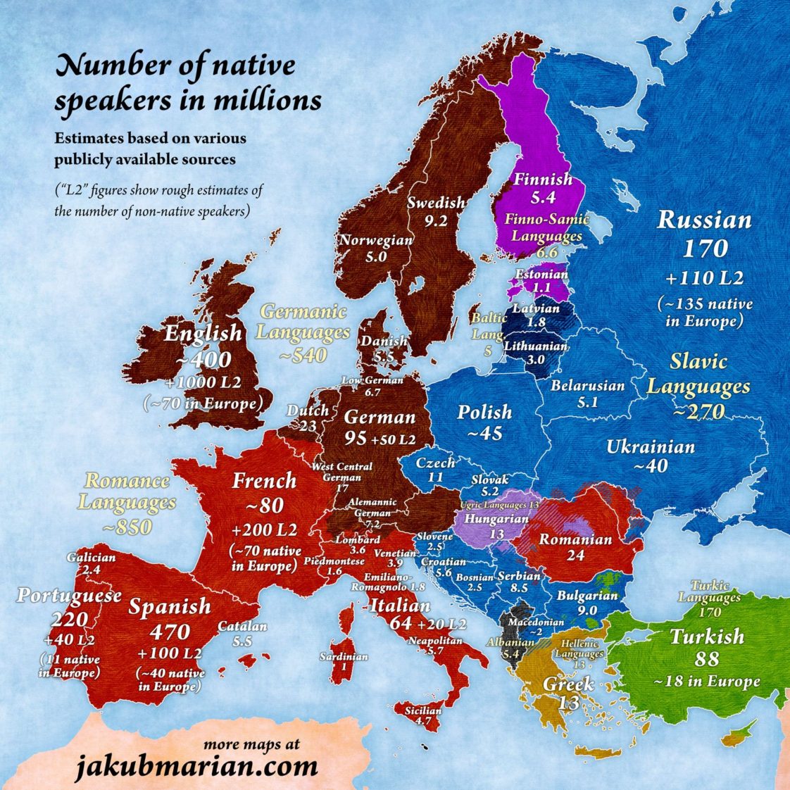 Map : Jakub Marian’s map of European languages by number of native ...