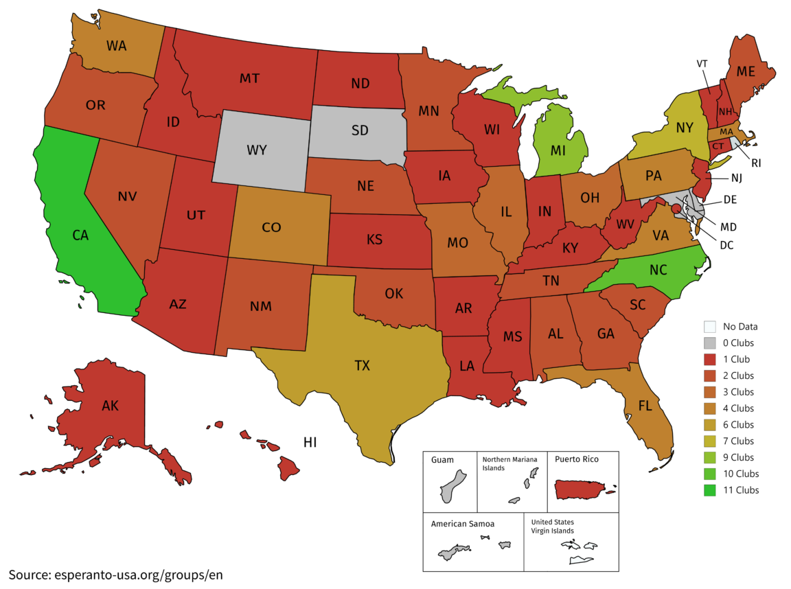 Map : [OC] This is a map I made of Esperanto clubs in the US ...