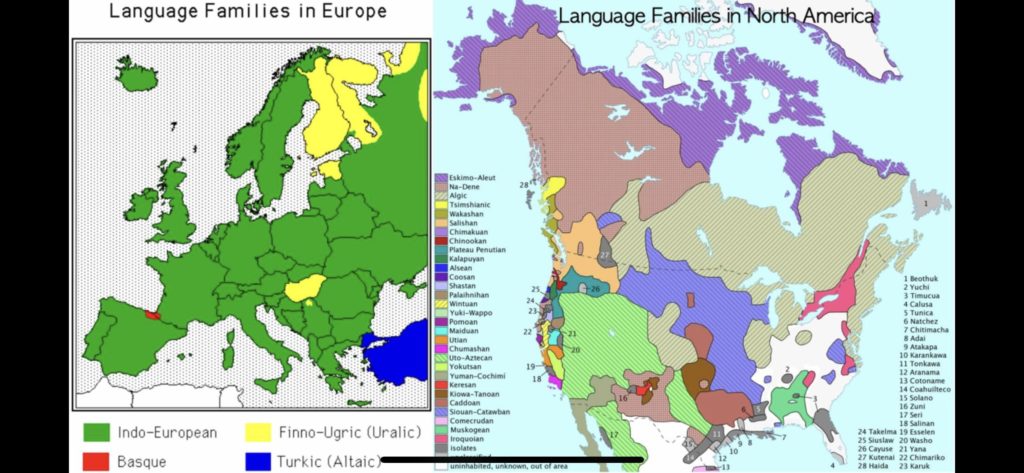 Map : Language families in North America compared to ones in Europe ...