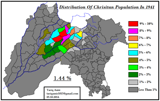 Map : A map showing the Christian percentage in Punjab, British India ...