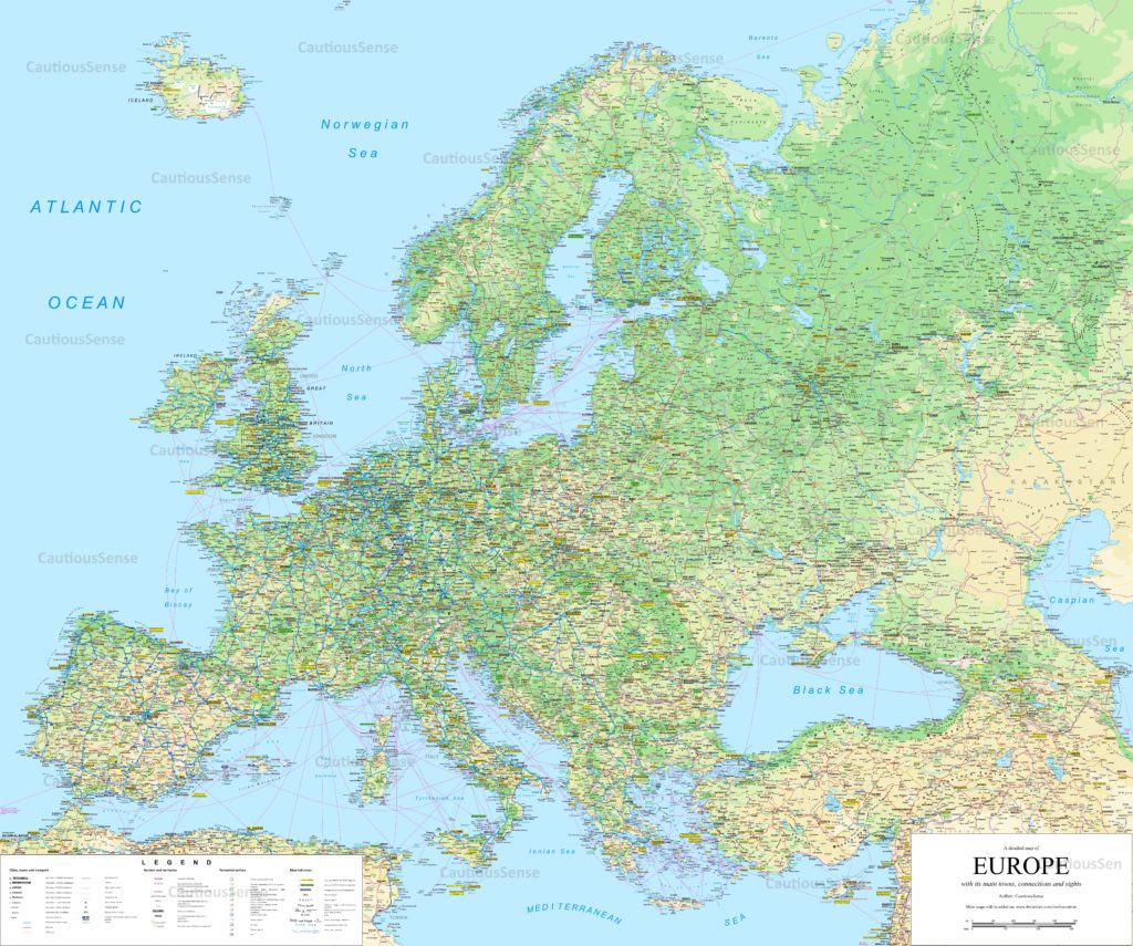 Map : A detailed map of Europe, with its main towns, roads, sights and ...