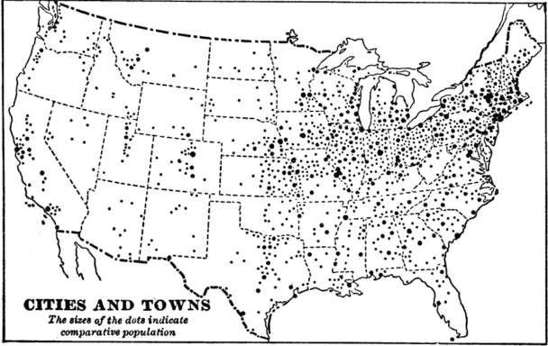 Map : An 1897 cartogram (map) of US cities and towns by population [900 ...