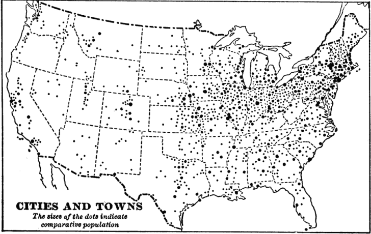 Map : An 1897 cartogram (map) of US cities and towns by population [900 ...