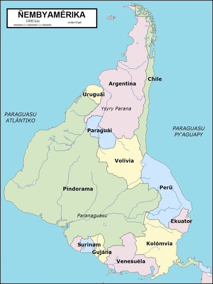 Map : Ñembyamérika (South America) in Avañe’ẽ (Guarani) by Jordan Engel ...