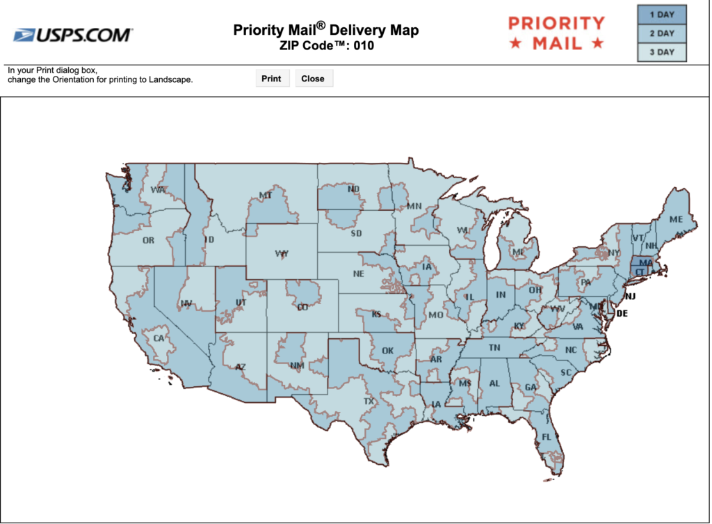 Map : USPS Priority Mail Shipping Map from Western Massachusetts ...