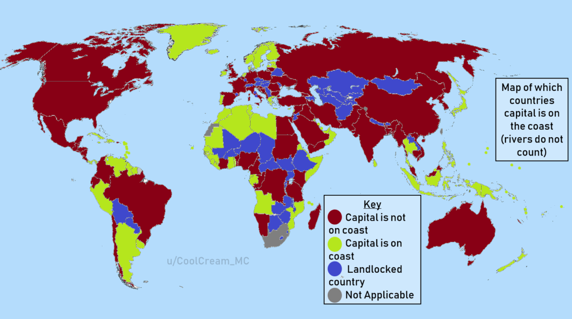 Map : Map of which countries have their capitals on the coast ...