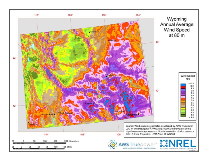 Map : Wyoming average annual wind speed at 80m – Infographic.tv ...